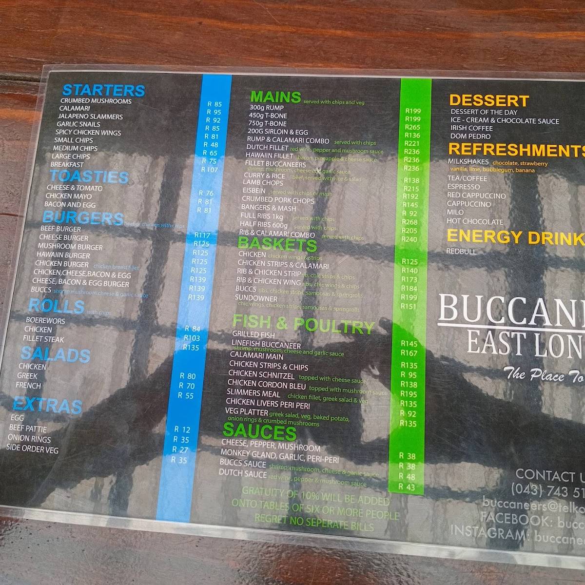 Menu at Buccaneers restaurant, East London