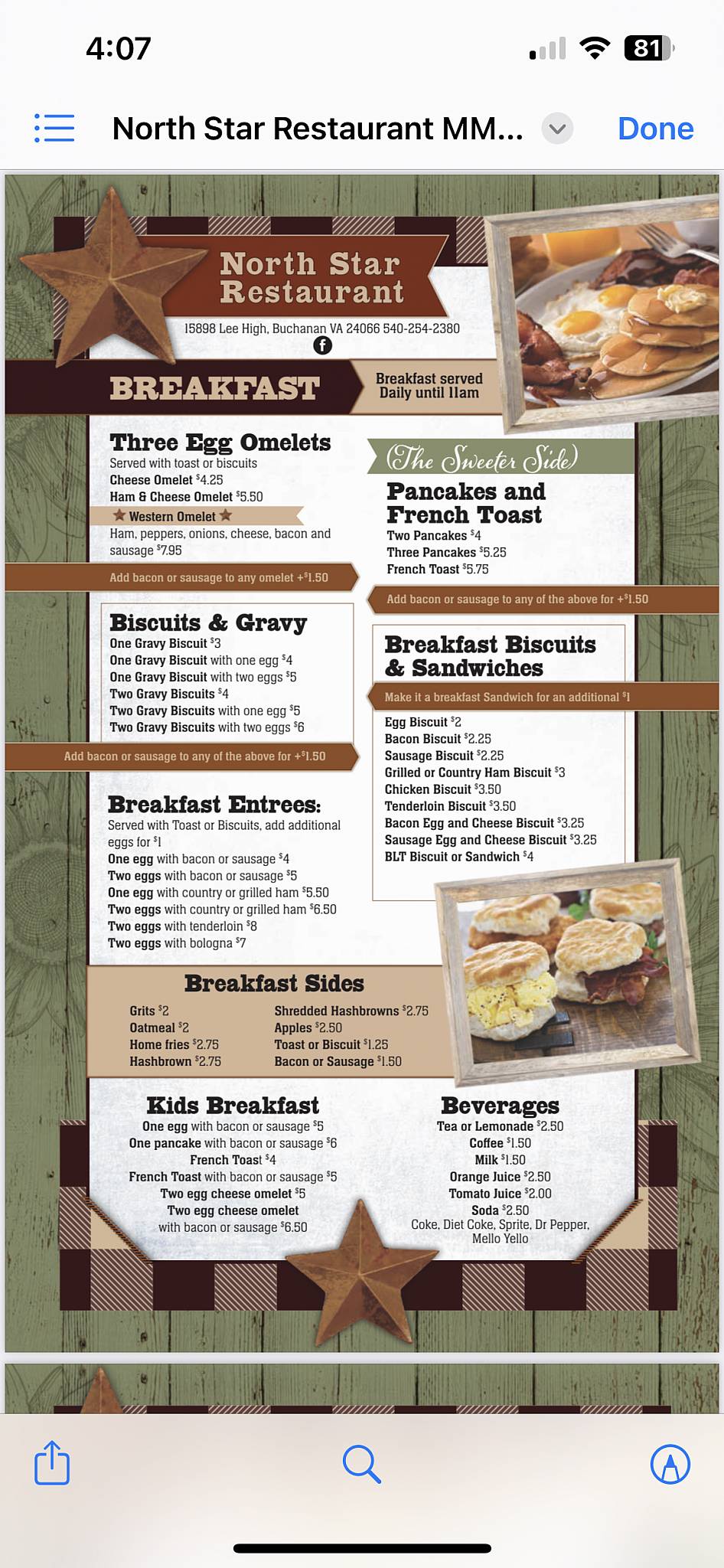 Menu at North Star Restaurant, Buchanan