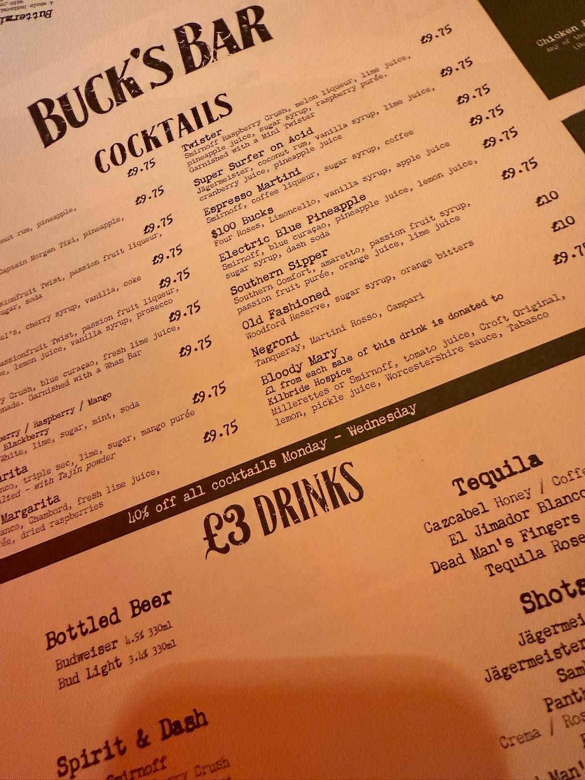 Menu at Bucks Bar - Grindlay Street Edinburgh, Edinburgh