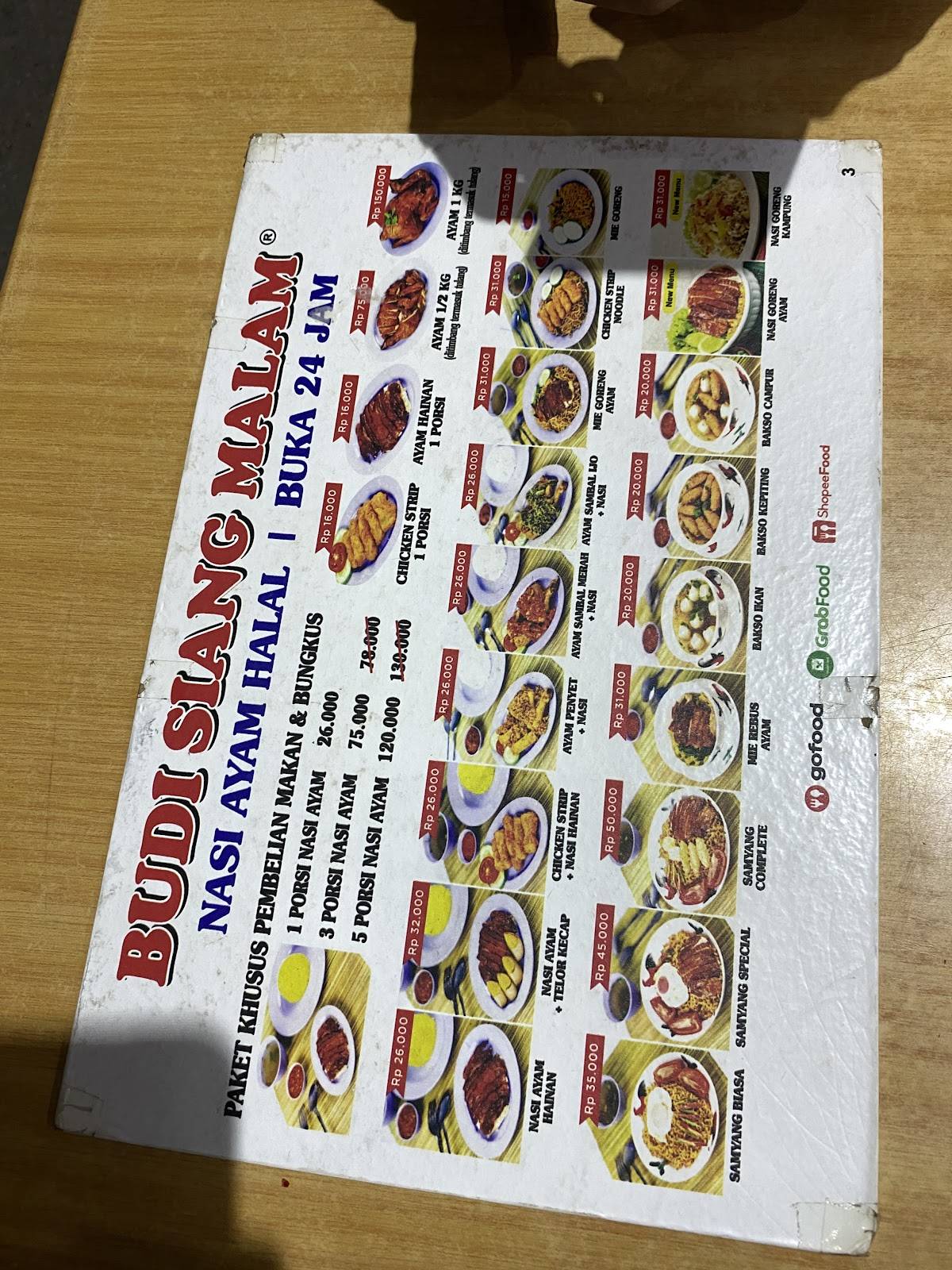 Menu at Budi Siang Malam restaurant, Batam, Ruko Mitra Raya Blok B No.3&3A