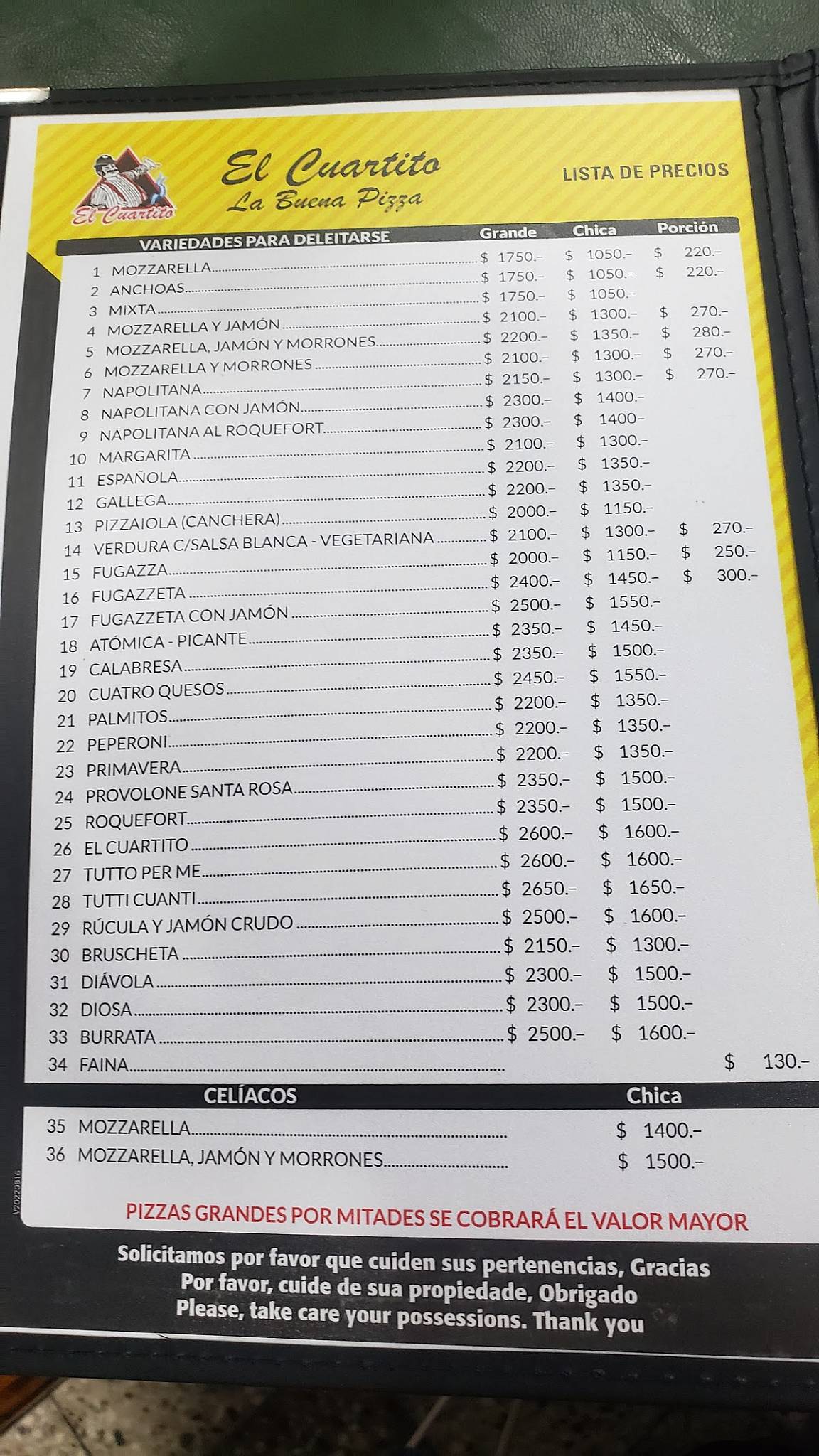 Carta de pizzería El Cuartito, Buenos Aires, Talcahuano 937