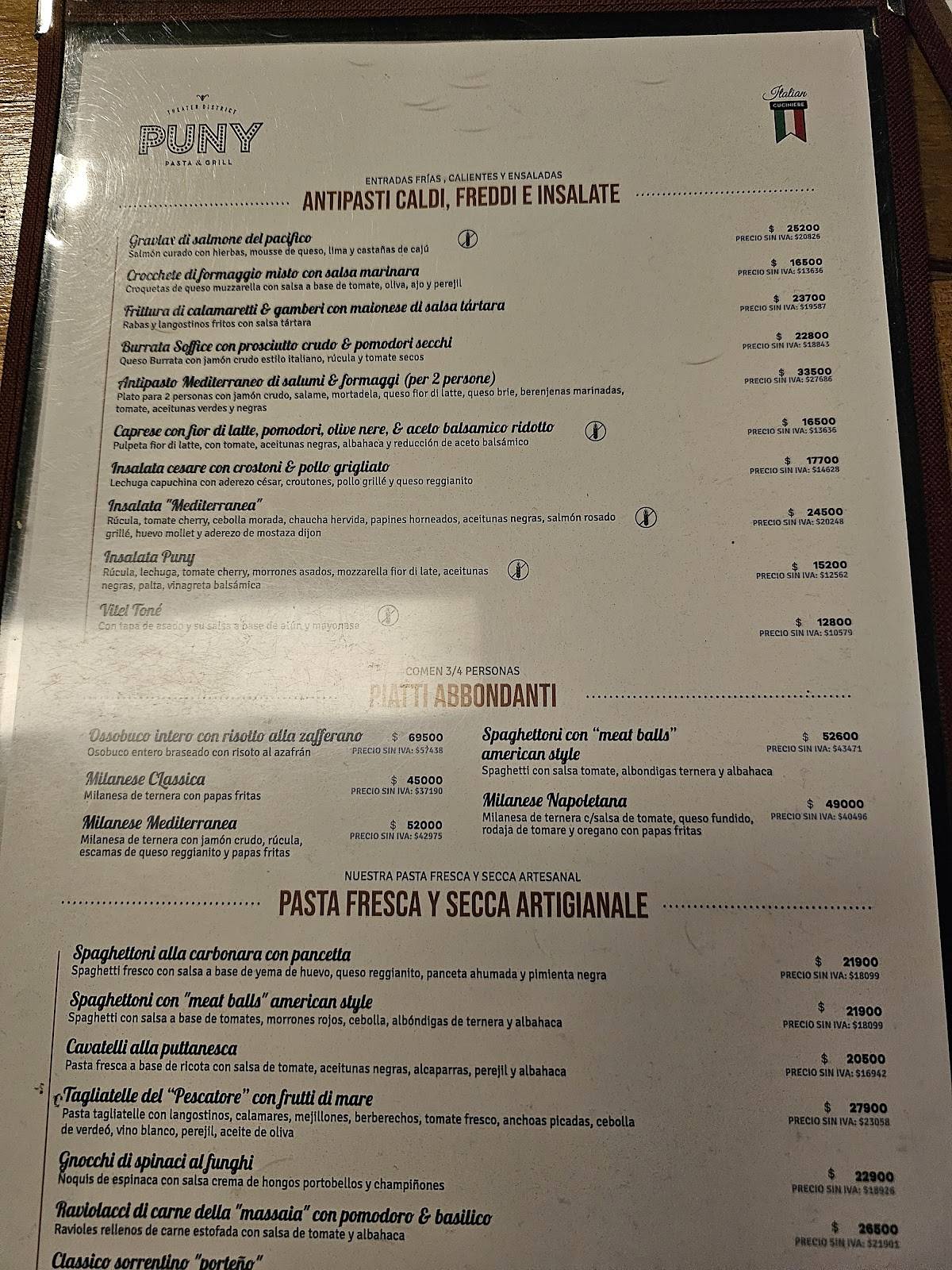 Carta del restaurante Puny - Pasta & Grill, Buenos Aires