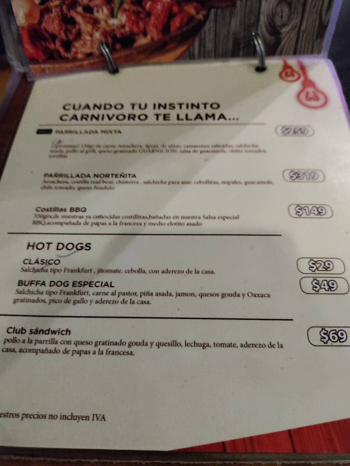 Menu at Buffa Wings restaurant, Apizaco