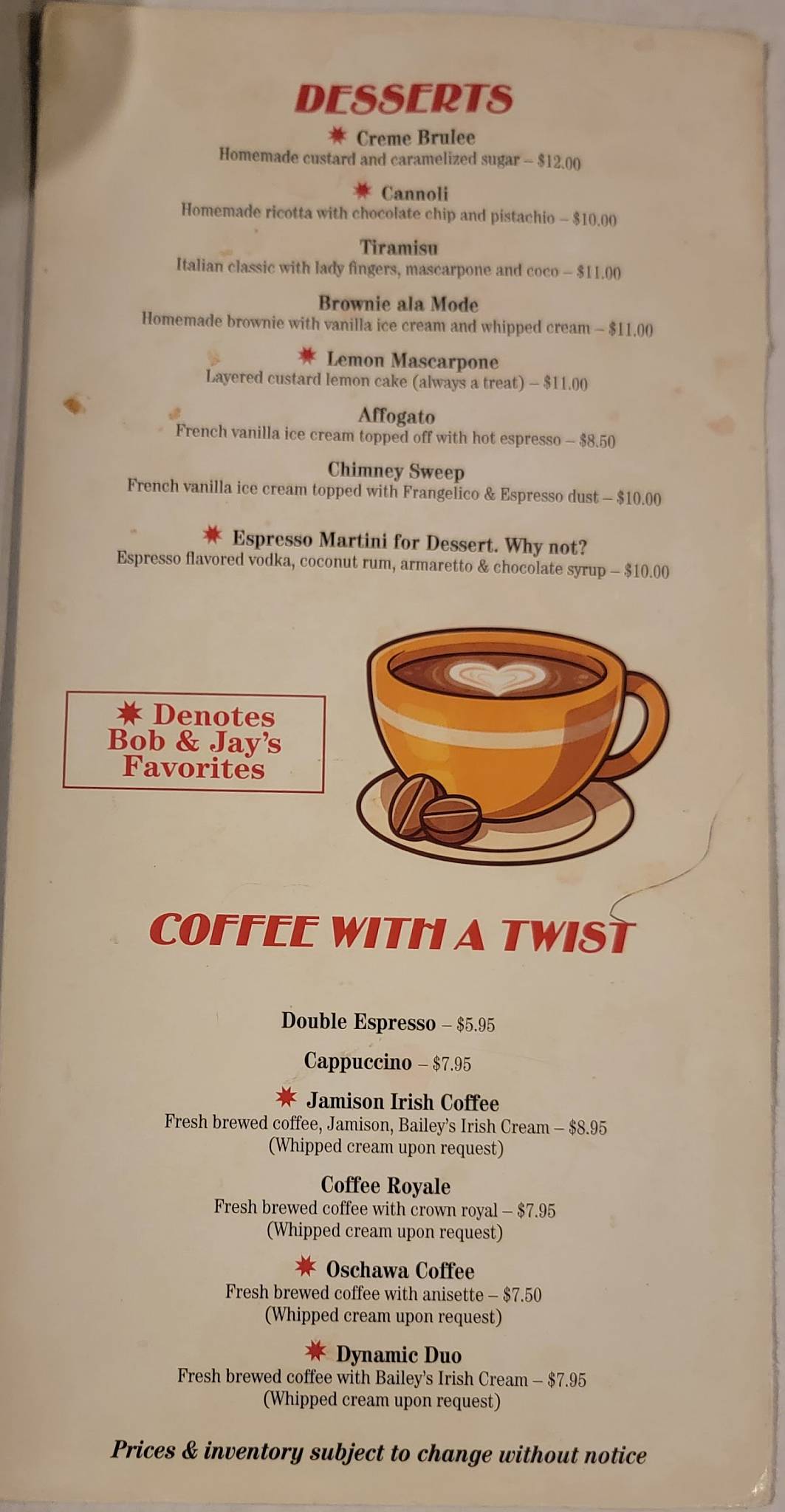 Menu at Bobby J's Italian American Grille restaurant, Buffalo