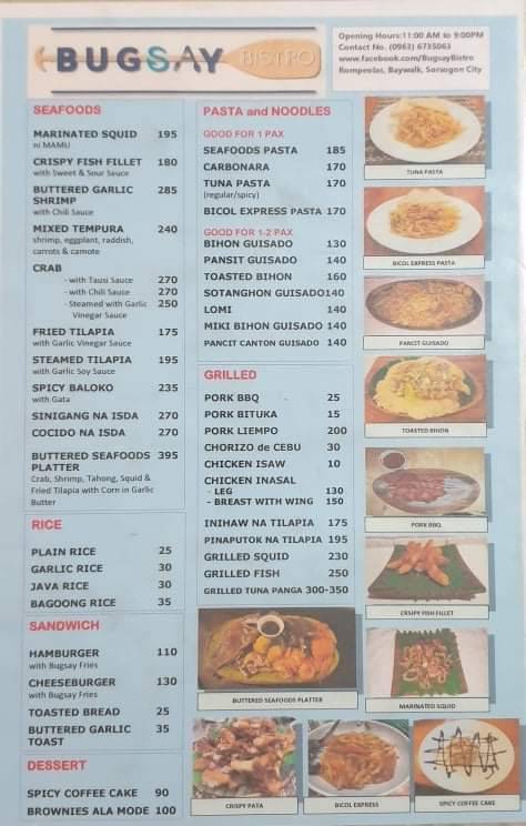 Menu at Bugsay Bistro restaurant, Sorsogon City