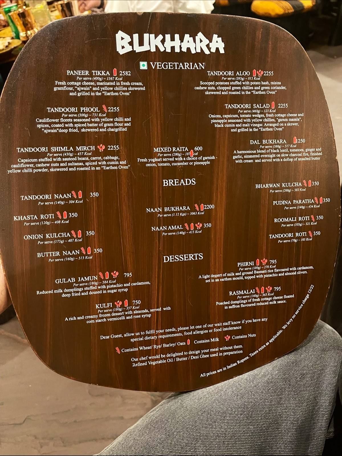 Menu at Bukhara, New Delhi, ITC MAURYA