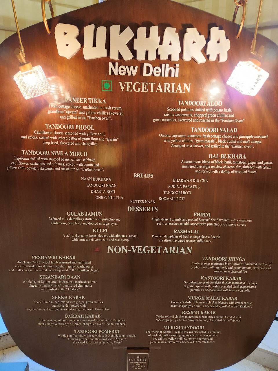 Menu at Bukhara, New Delhi, ITC MAURYA