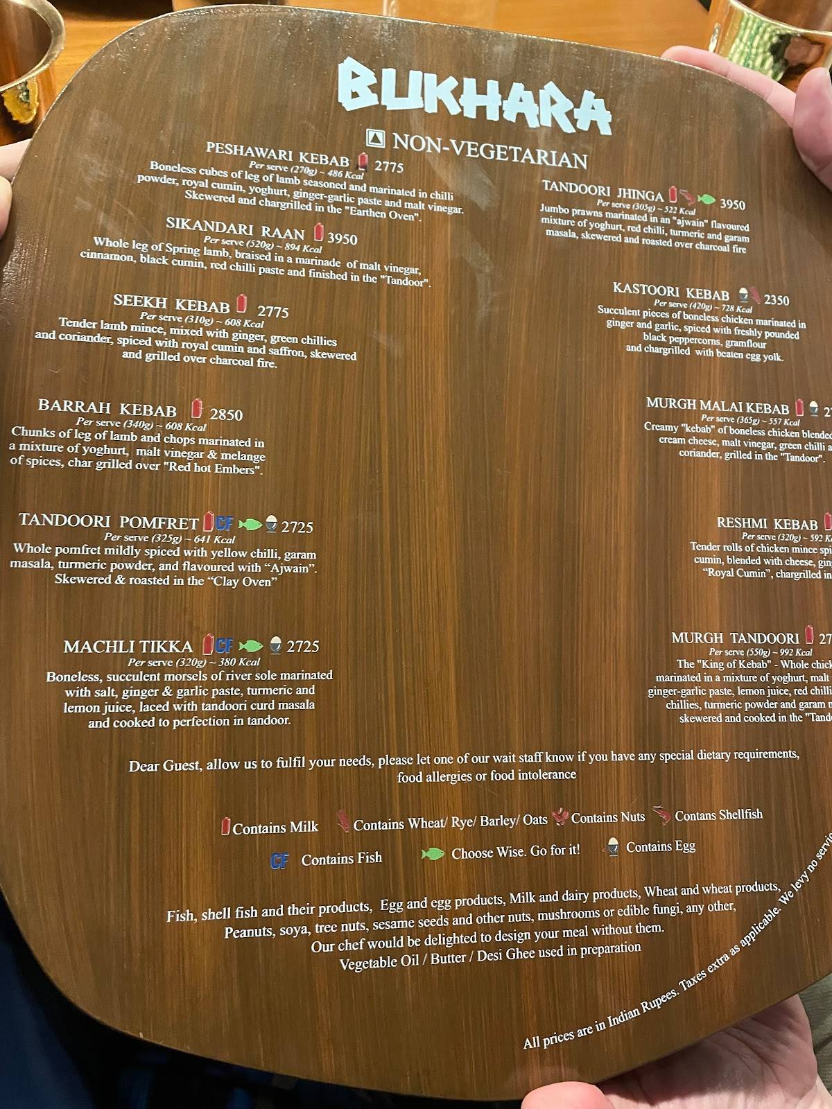Menu at Bukhara, New Delhi, ITC MAURYA