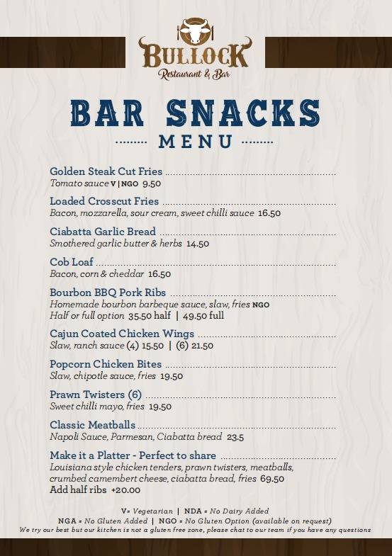 Menu at Bullock Restaurant & Bar, Timaru