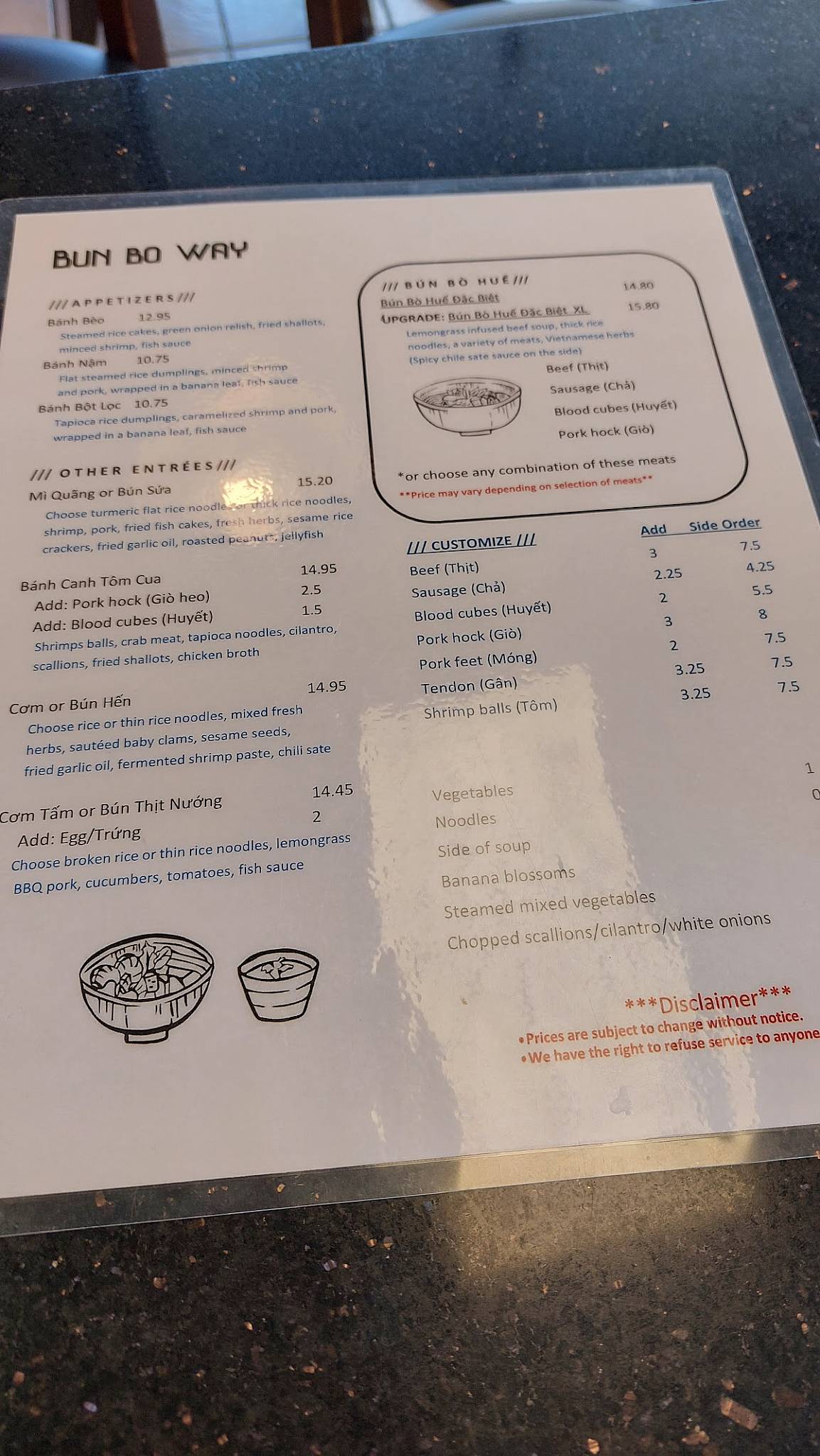Carta del restaurante Bun Bo Way, Westminster