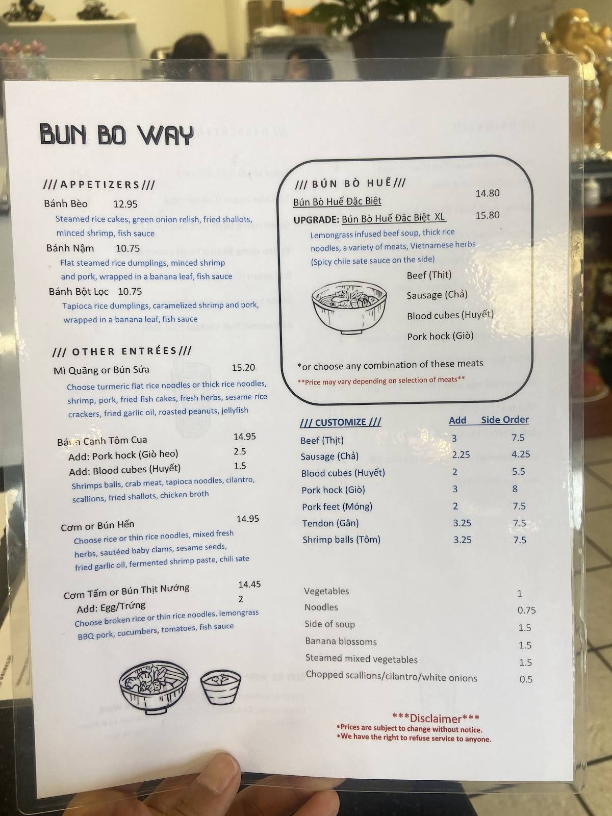 Carta del restaurante Bun Bo Way, Westminster