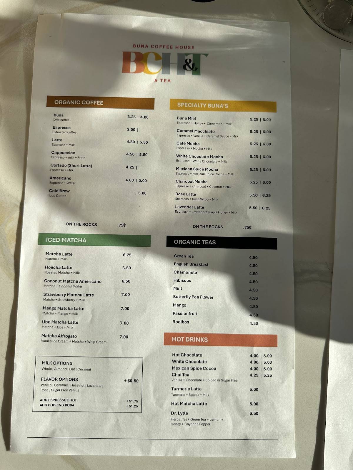 Menu at Buna Coffee House and Tea, Inglewood