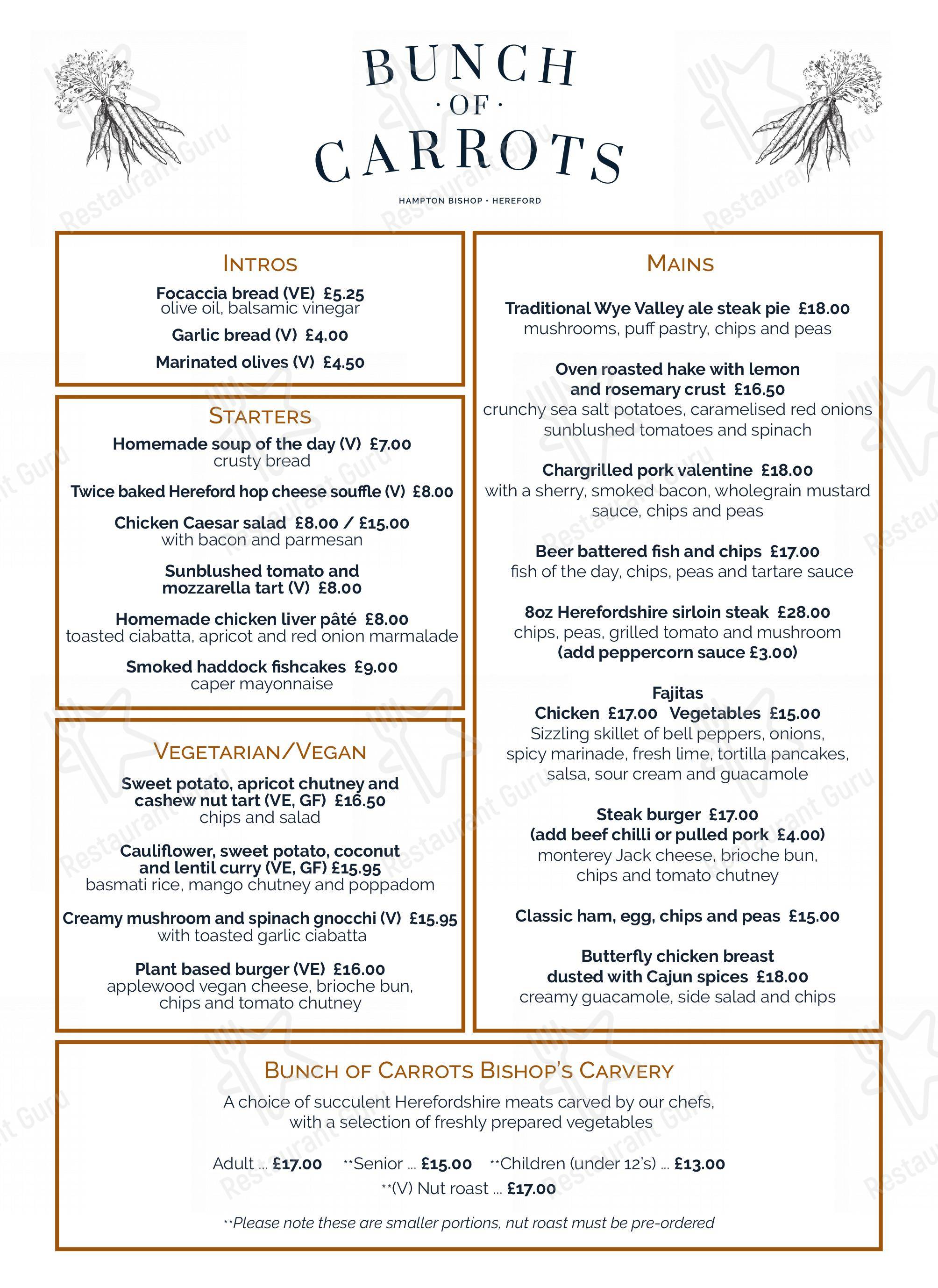 Menu at Bunch of Carrots pub & bar, Hereford, Hampton bishop