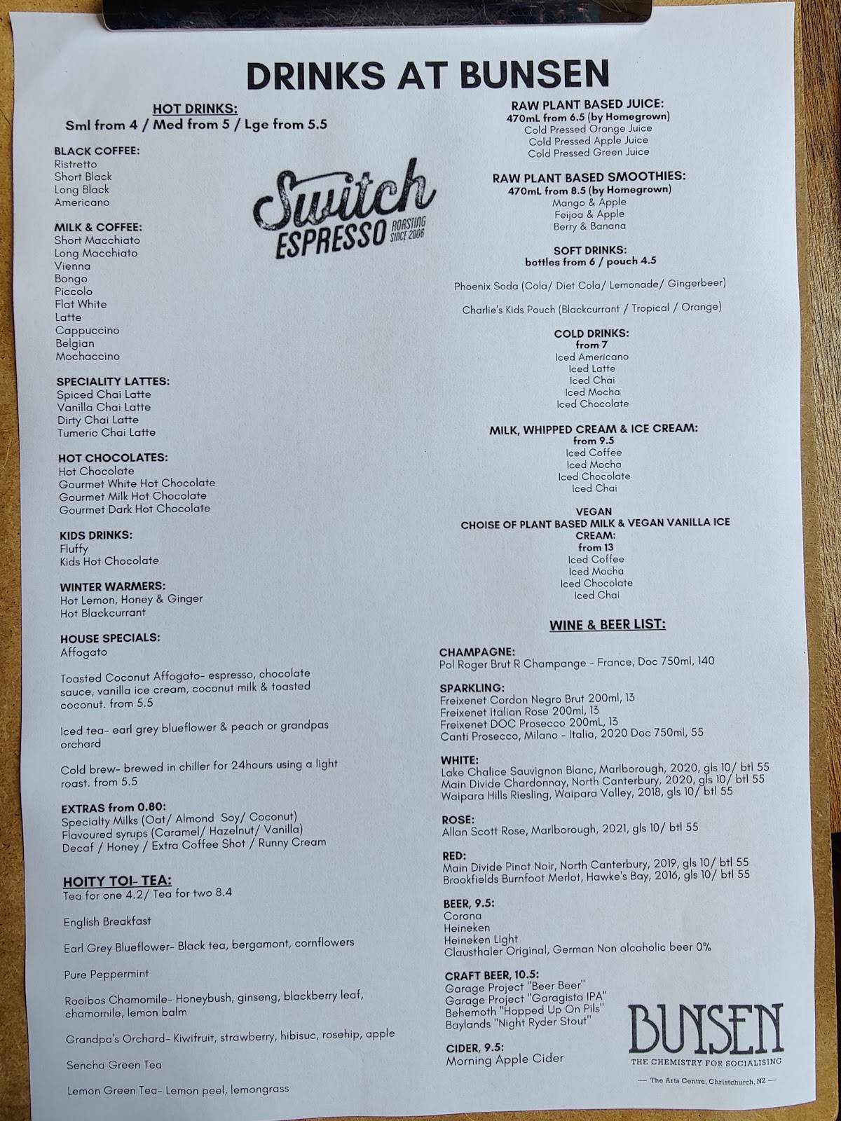 Menu at Bunsen cafe, Christchurch