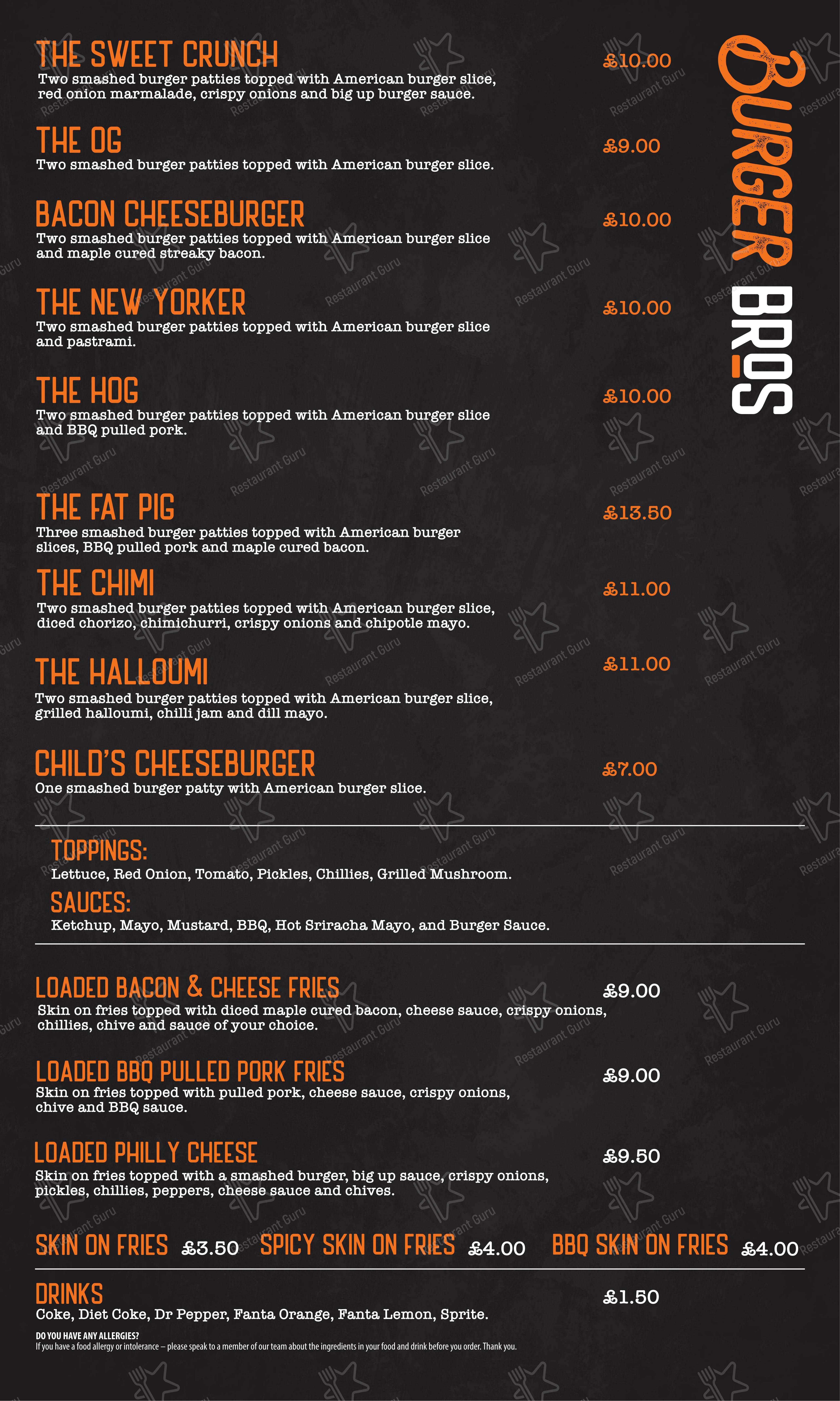 Menu at Burger Bros restaurant, Llanelli