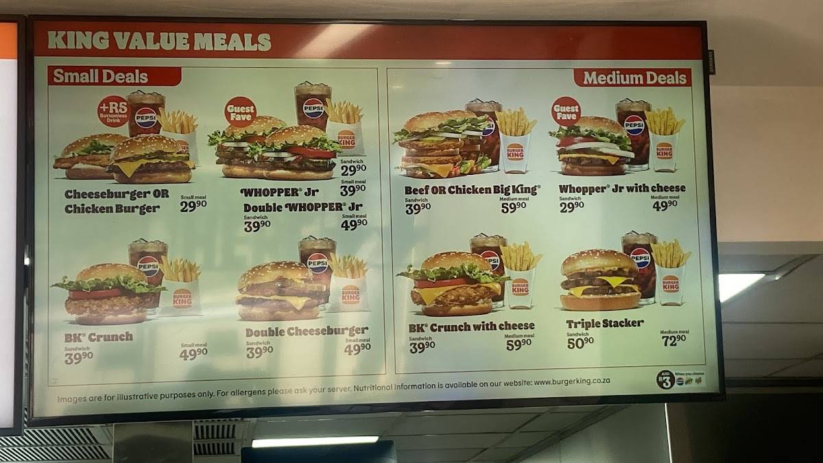 Menu at Burger King Braamfontein restaurant, Johannesburg
