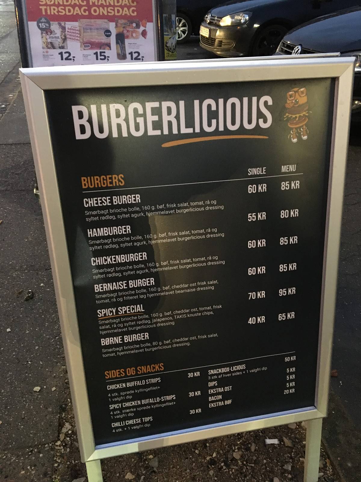 Menu at Burgerlicious restaurant, Aarhus