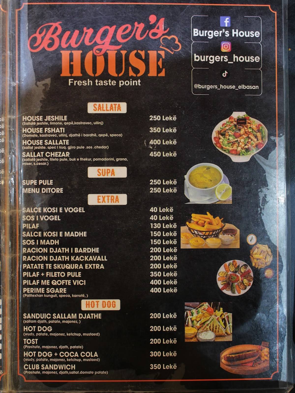 Menu at Burger's House restaurant, Elbasan