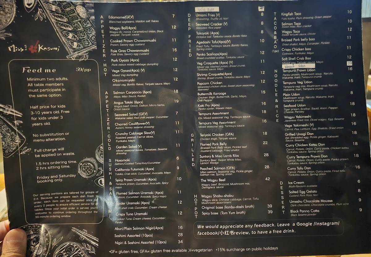 Menu at Kiraku restaurant, Kew
