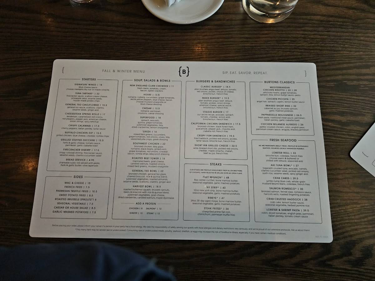 Menu at Burtons Grill & Bar, Burlington