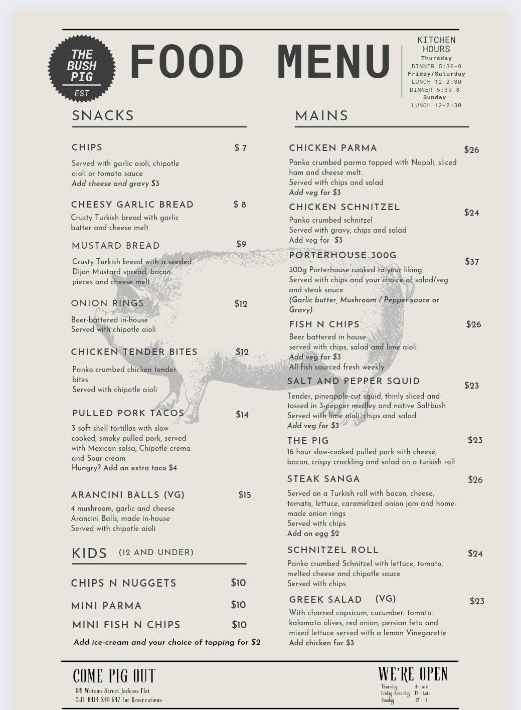 Menu at Bush Pig Inn restaurant, Jackass Flat