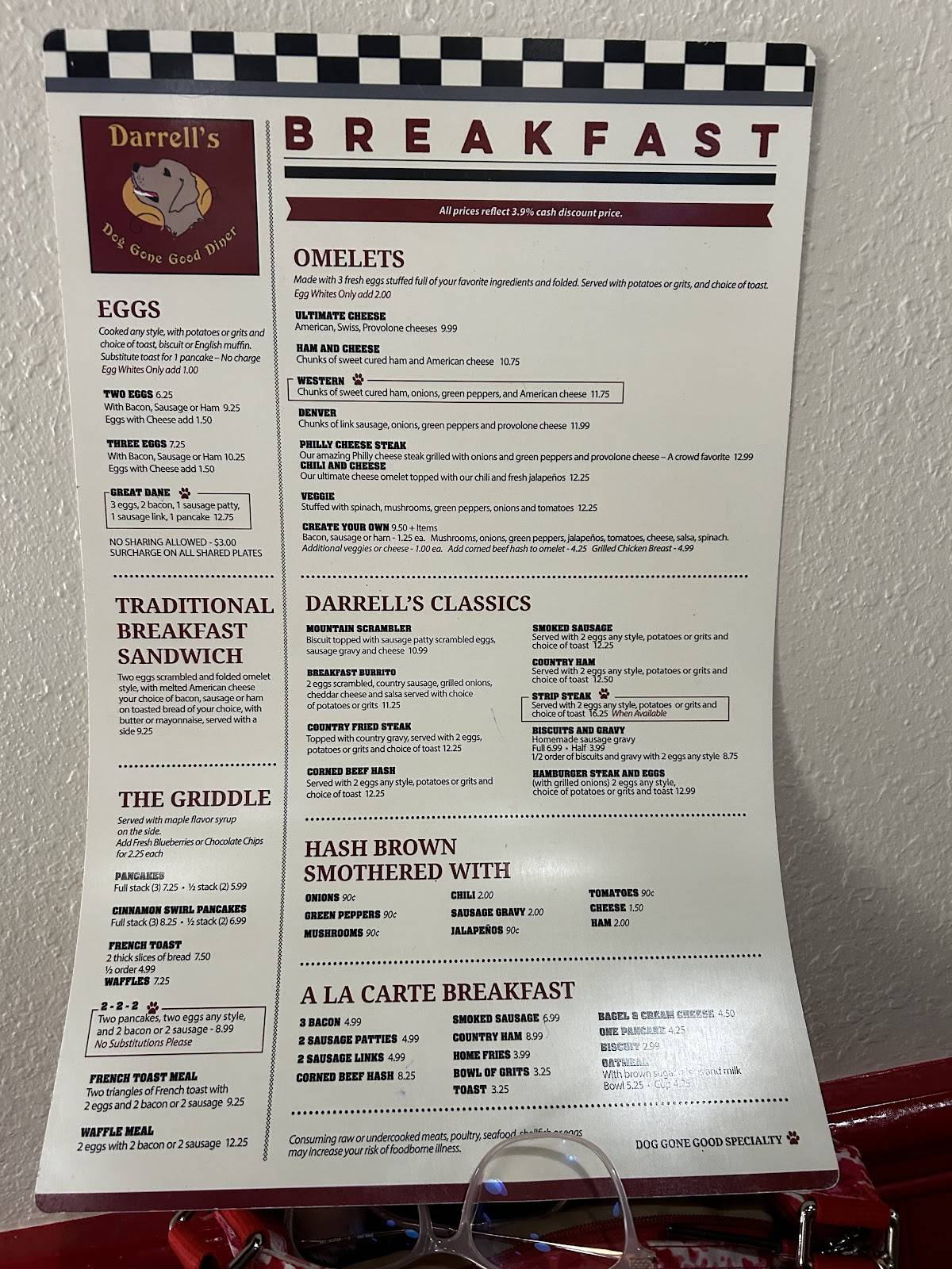 Menu at Darrell’s Diner restaurant, Bushnell