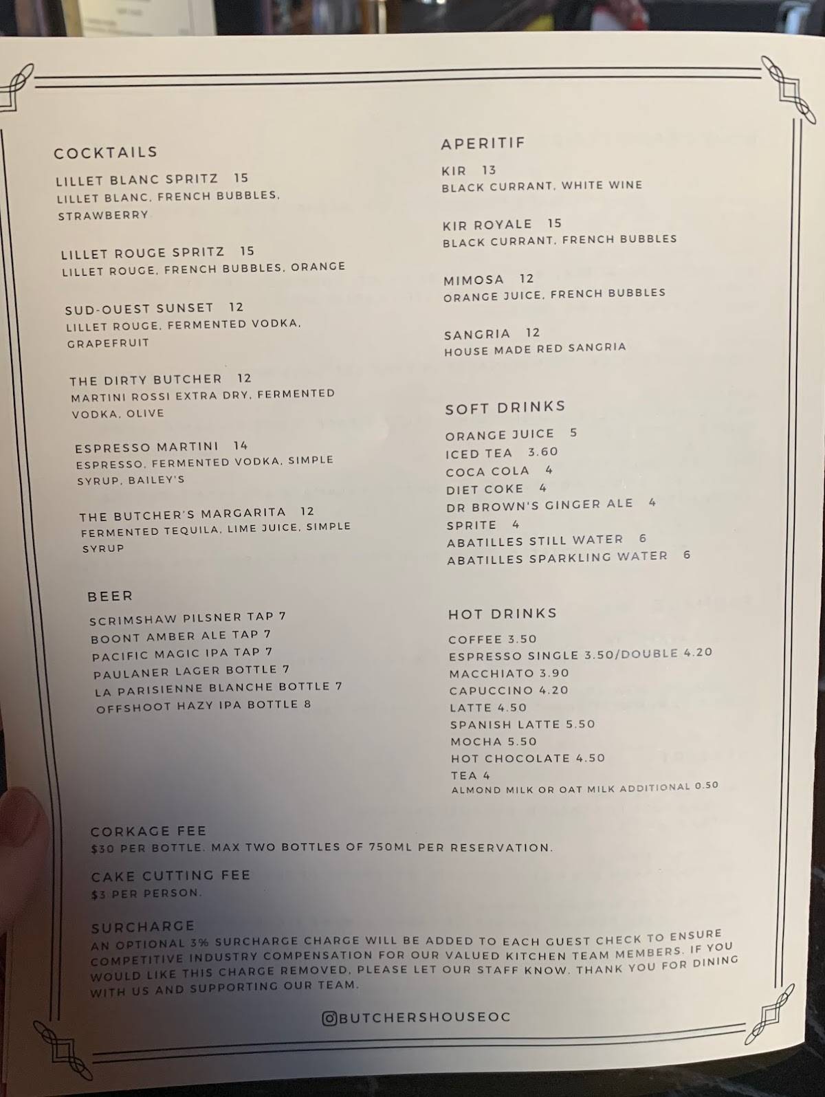 Menu at Butcher’s House Brasserie steakhouse, Costa Mesa