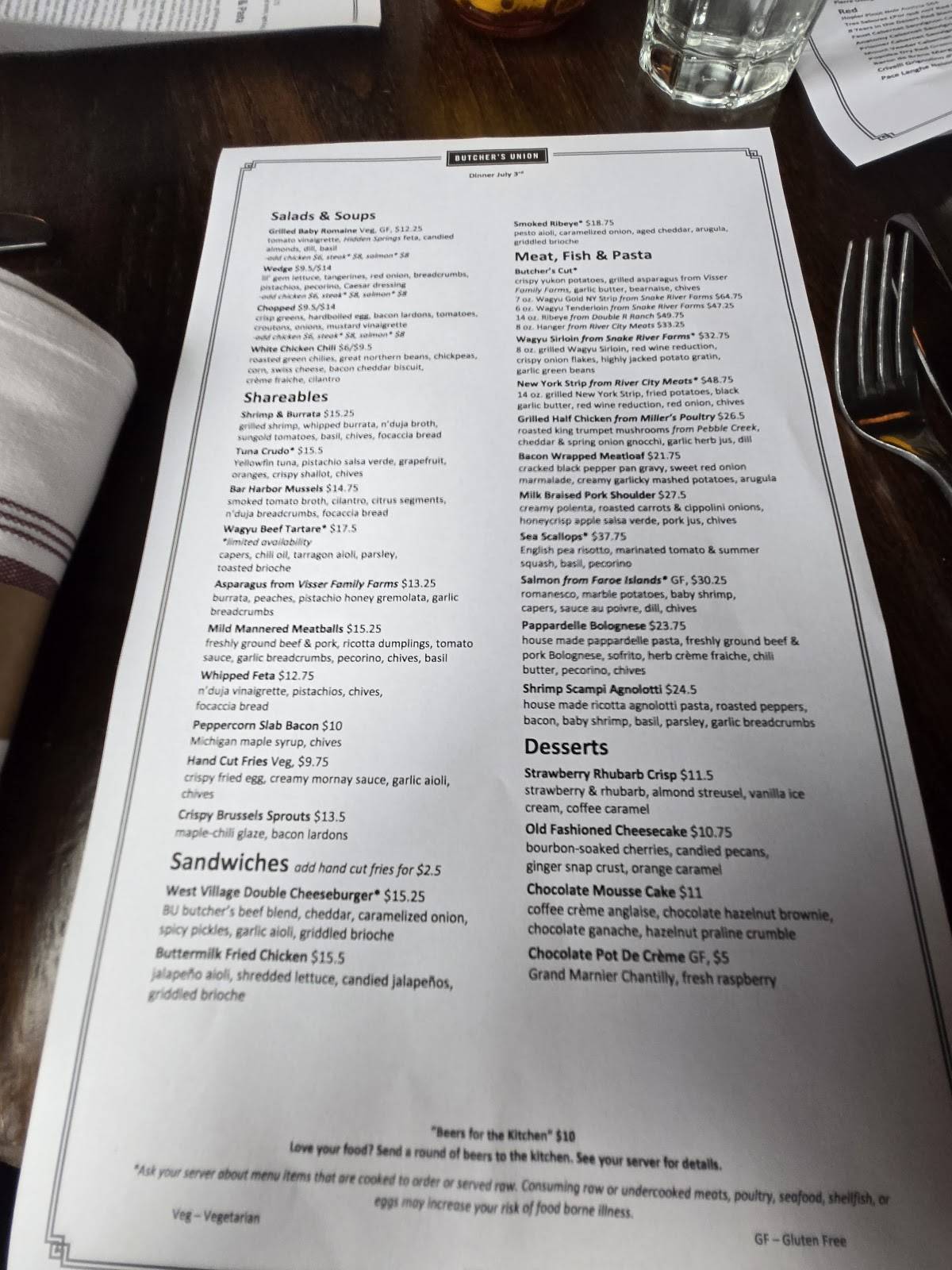 Menu at Butcher's Union pub & bar, Grand Rapids, 438 Bridge St NW
