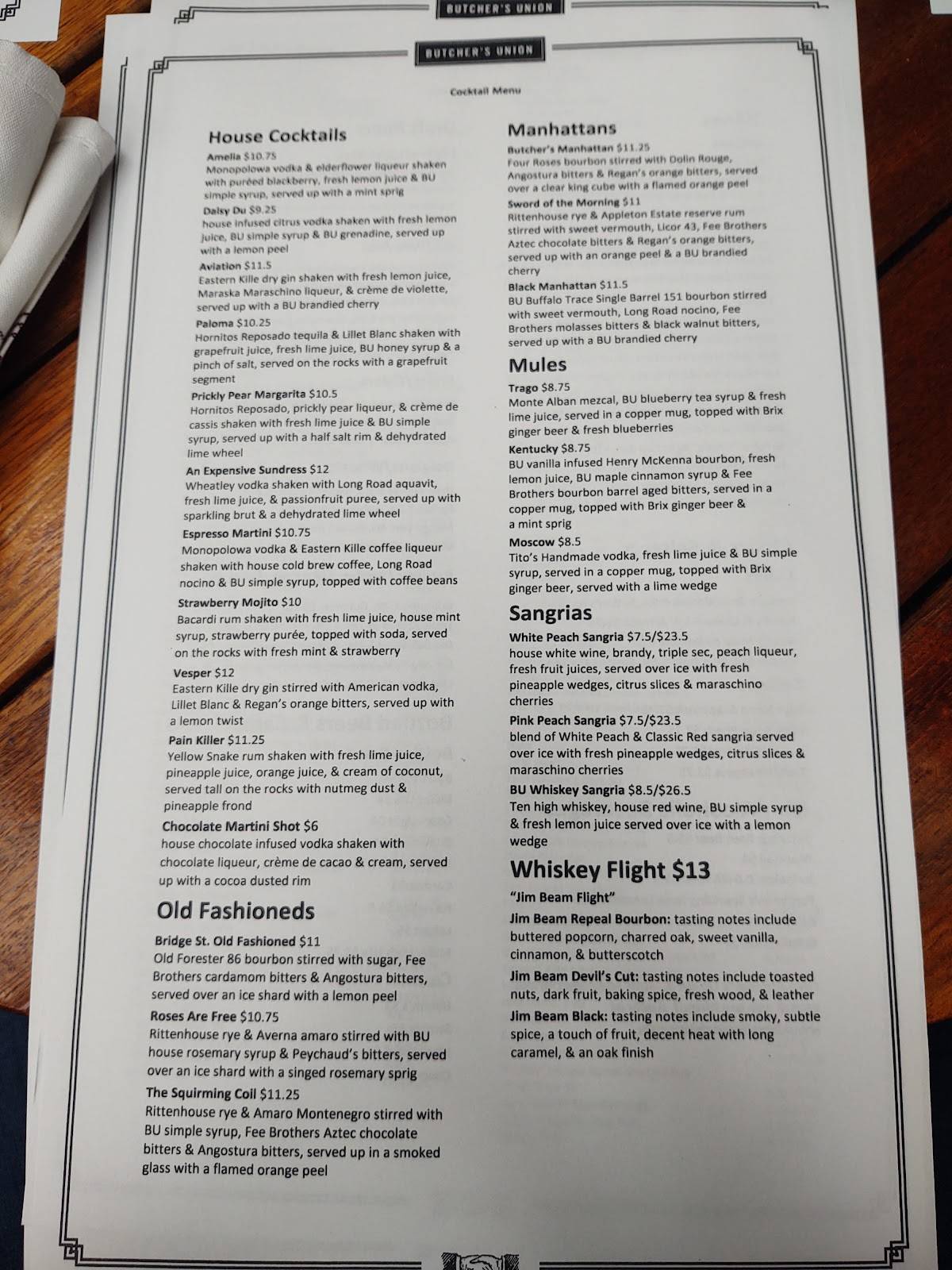 Menu at Butcher's Union pub & bar, Grand Rapids, 438 Bridge St NW