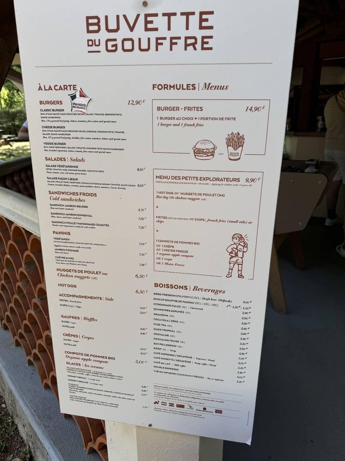 Menu au Buvette du Gouffre restaurant, Padirac