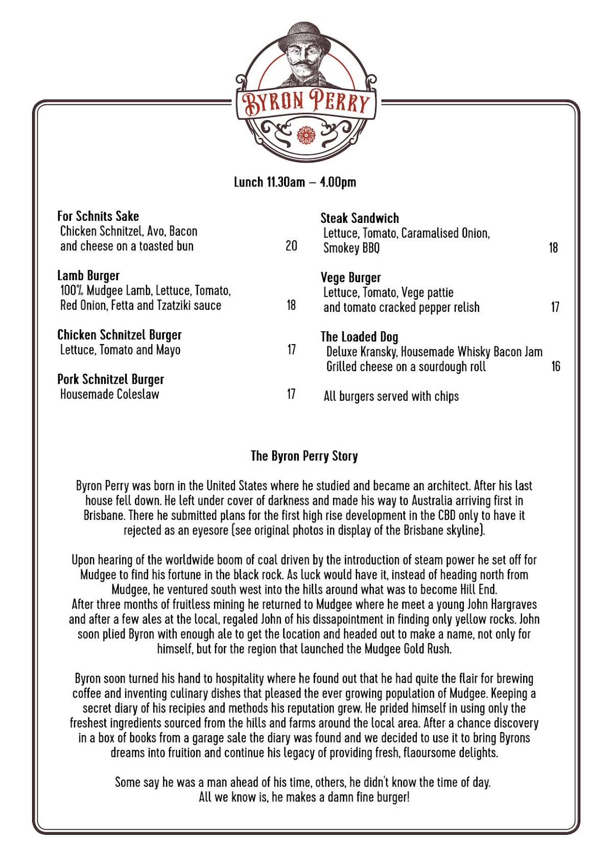 Menu at Byron Perry Cafe, Mudgee