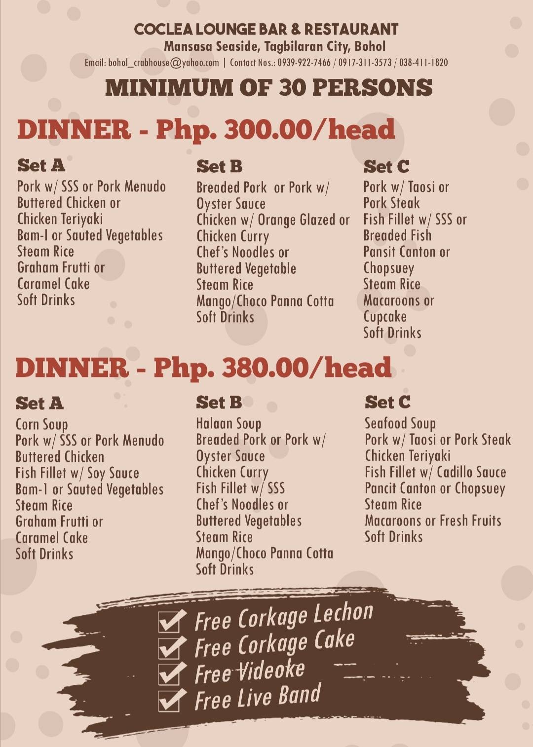 Menu at Coclea Lounge Bar, Tagbilaran City