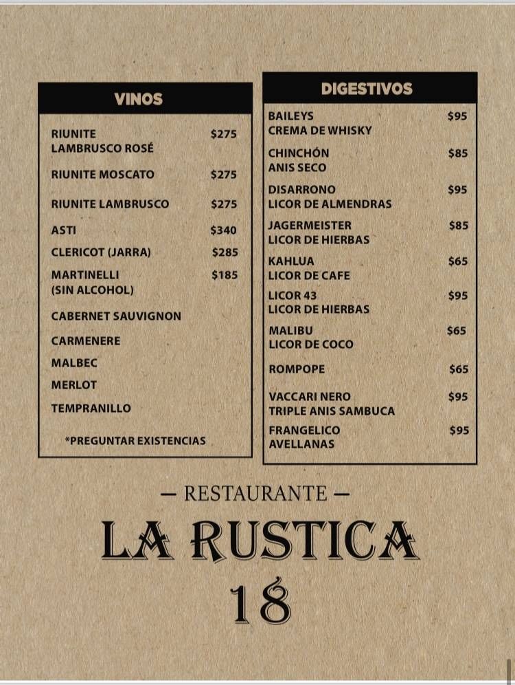 Carta de CAFÉ RESTAURANTE BAR LA RÚSTICA 18, Isla