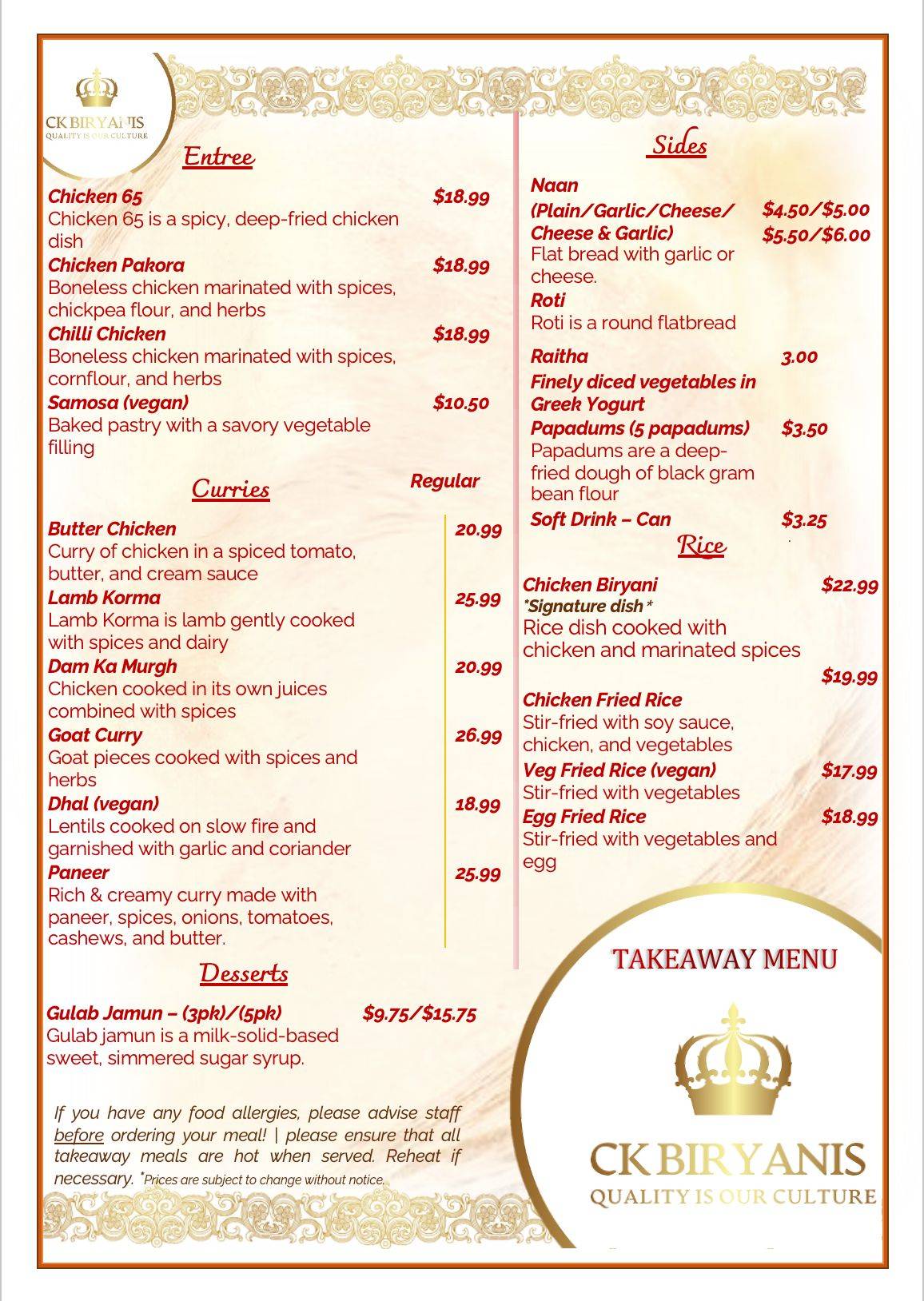 Menu at CK Biryanis restaurant, Douglas