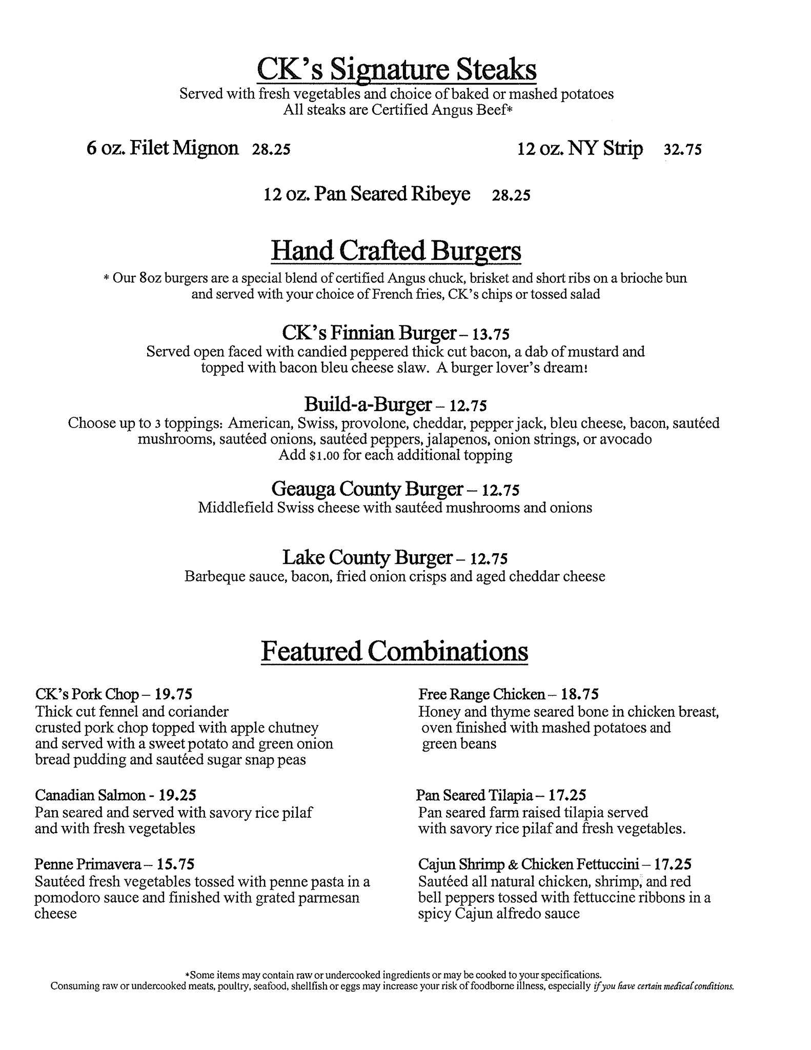 Menu at CK's Steakhouse, Painesville