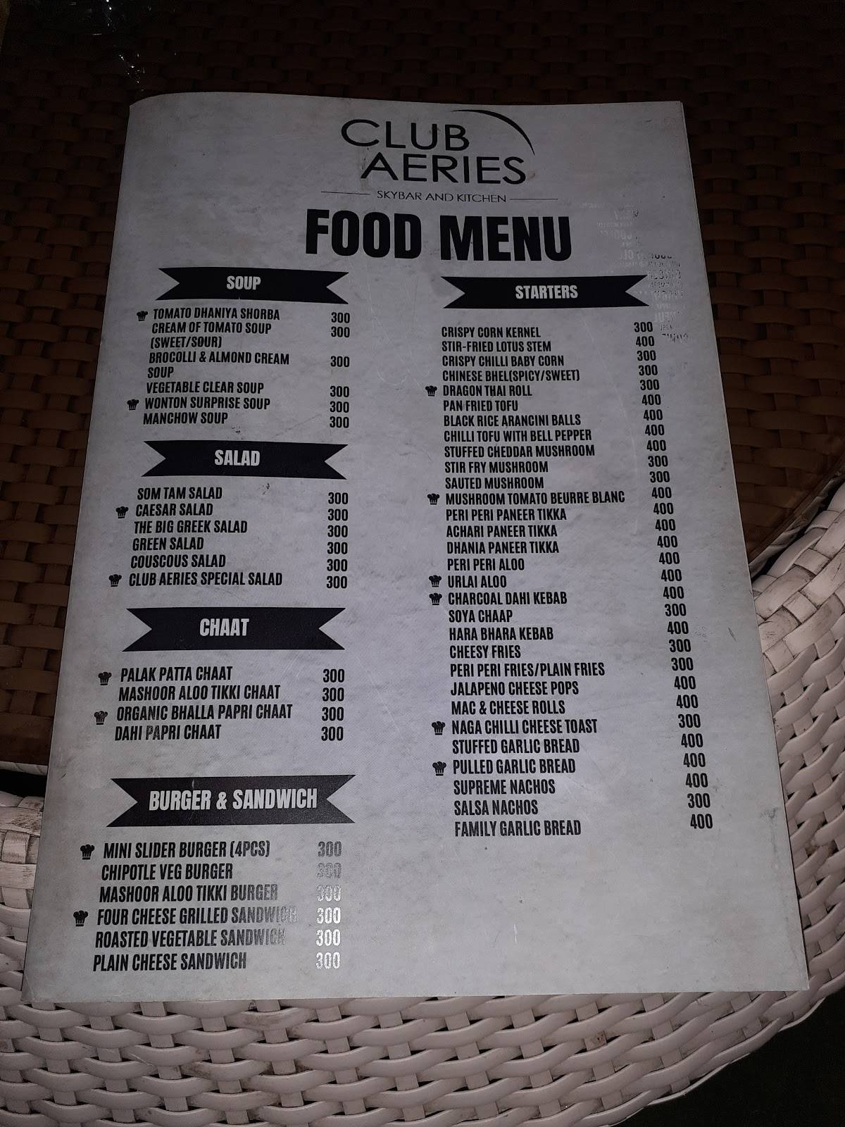 Menu at CLUB AERIES - SKYBAR & KITCHEN, Kolkata, Spencer's 6thFloor terrace