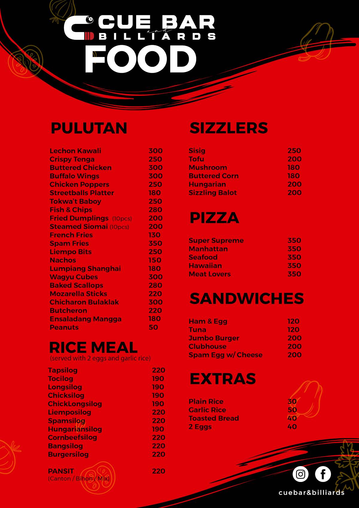 Carta de CUE BAR & BILLIARDS, Ciudad Quezon
