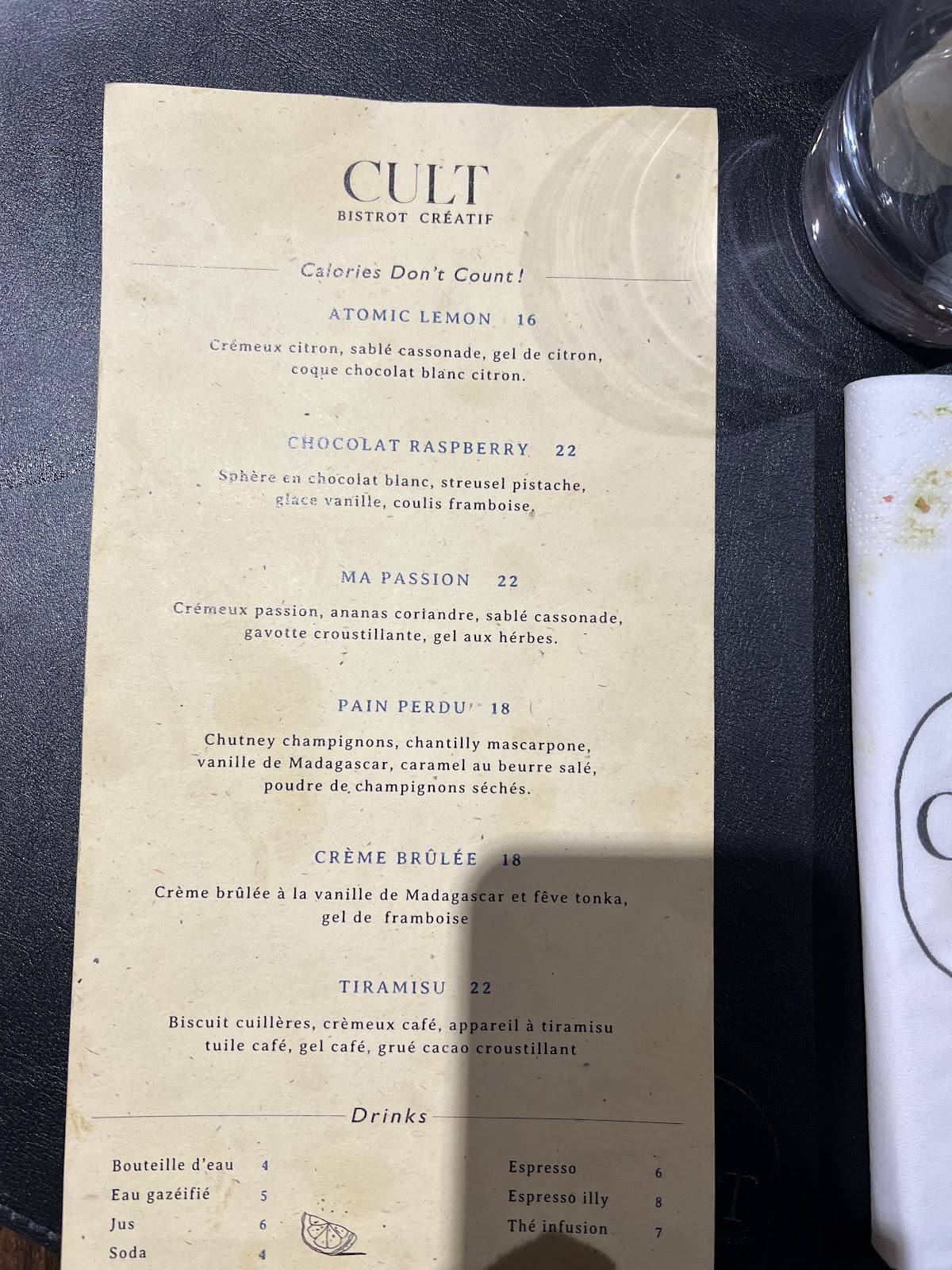 Menu au CULT bistro restaurant, Marsa