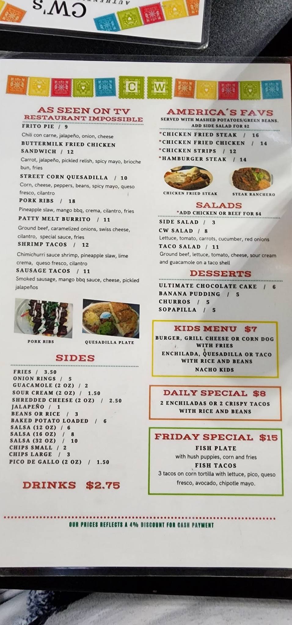 Menu at CW’s Authentic Tex-Mex Cuisine restaurant, Joshua