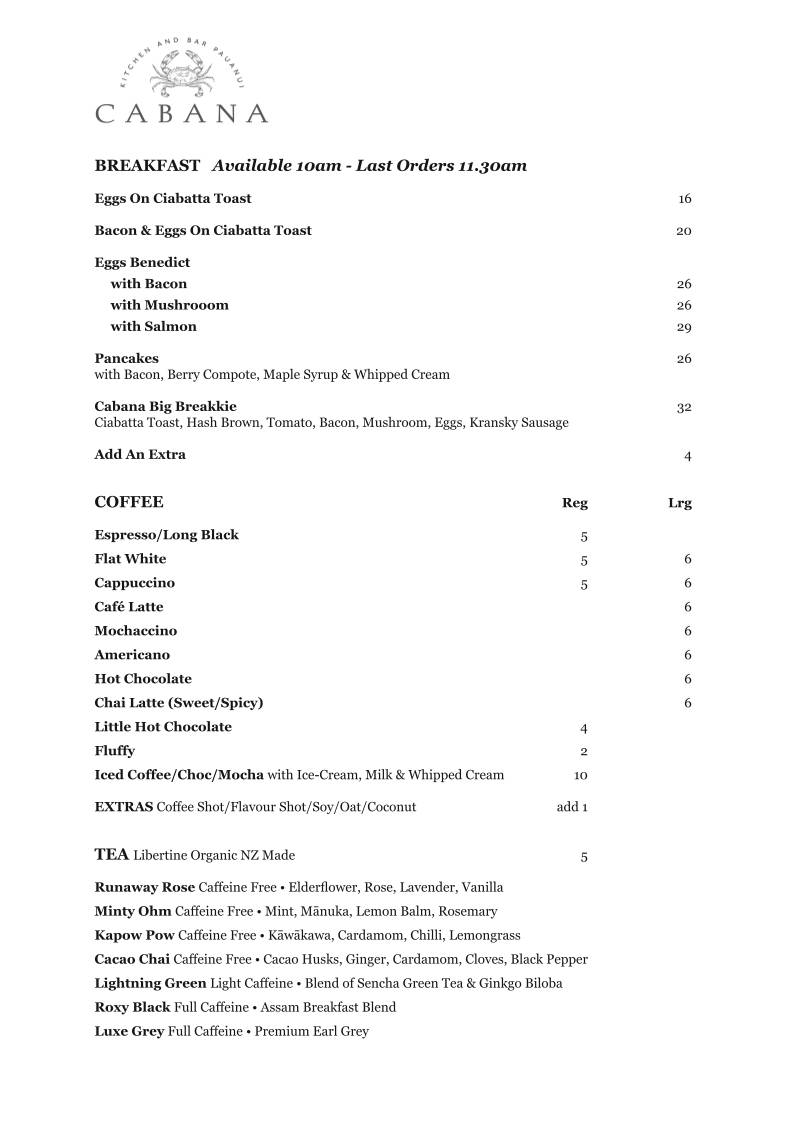 Menu at Cabana Kitchen and Bar, Pauanui