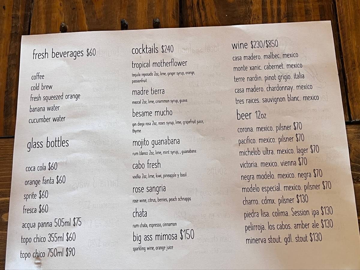 Menu at Mother Flower restaurant, Cabo San Lucas