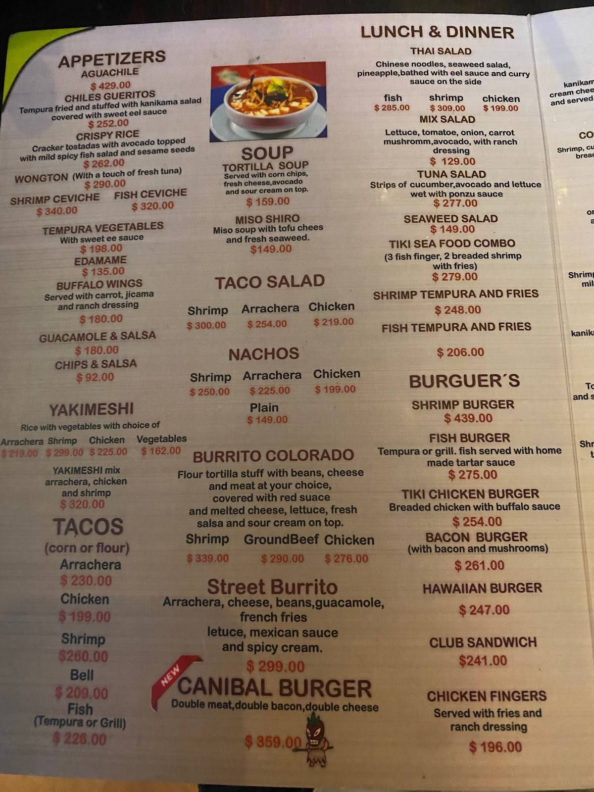 Menu at Tiki Bar, Cabo San Lucas