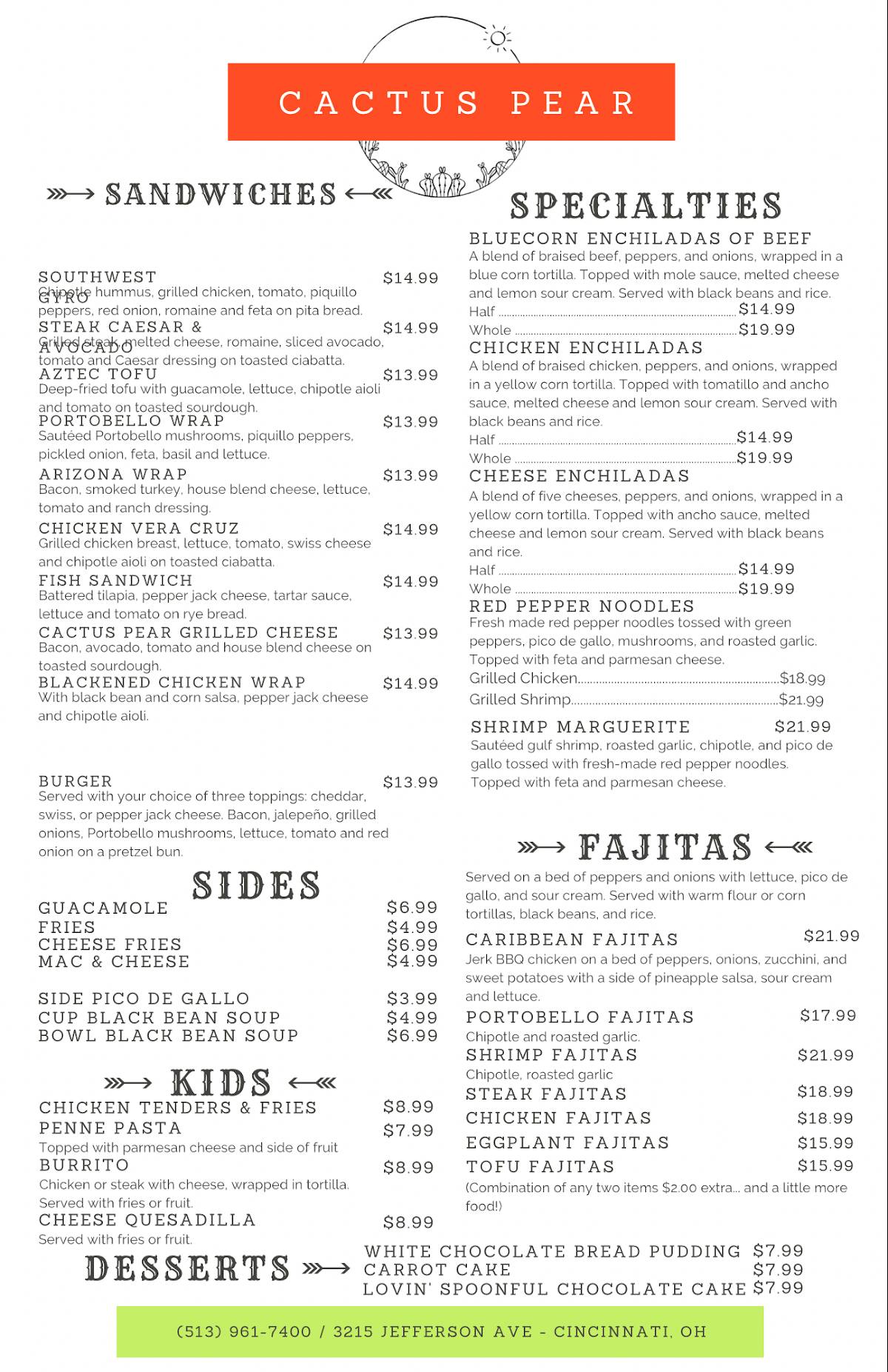 Menu at Cactus Pear restaurant, Cincinnati, Jefferson Ave