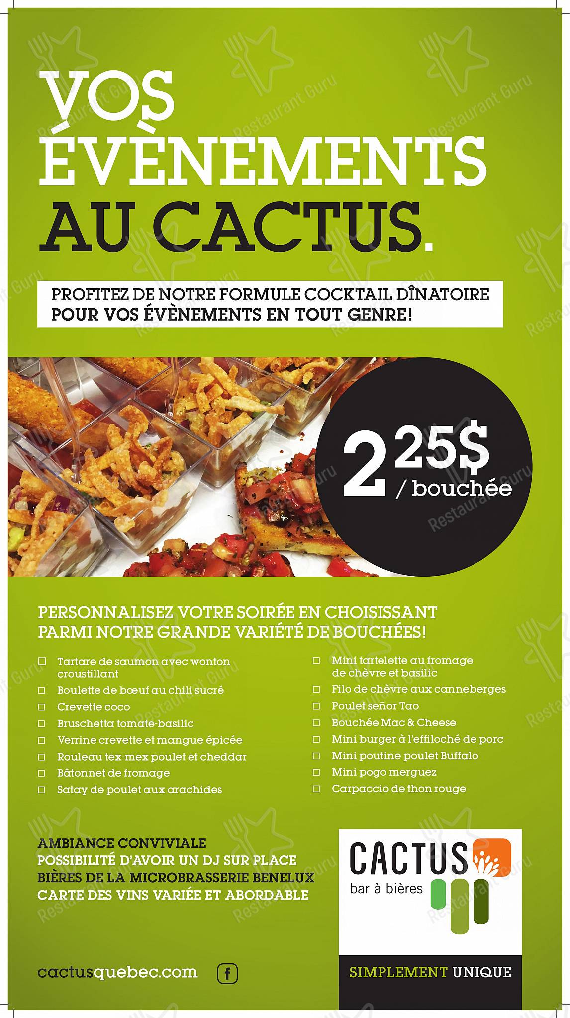 Menu au Cactus pub et bar, Québec