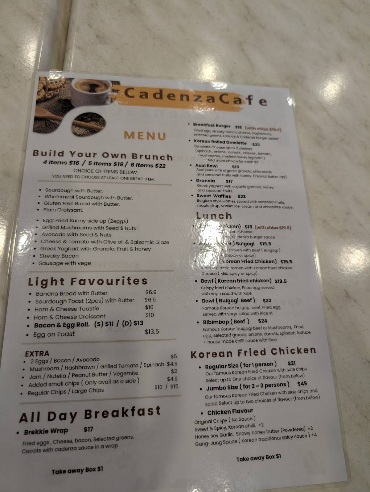 Menu at Cadenza Floral Cafe, North Sydney