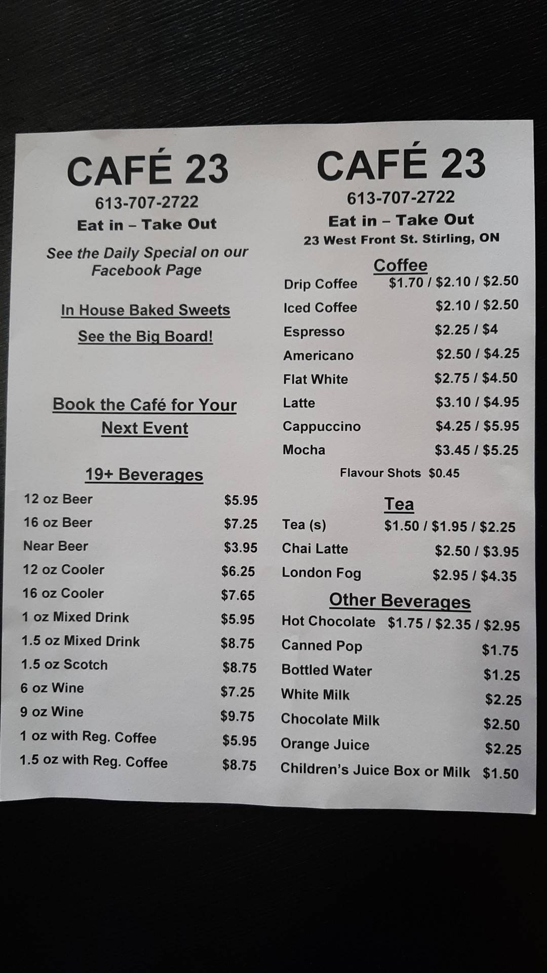 Menu at Cafe 23, Stirling