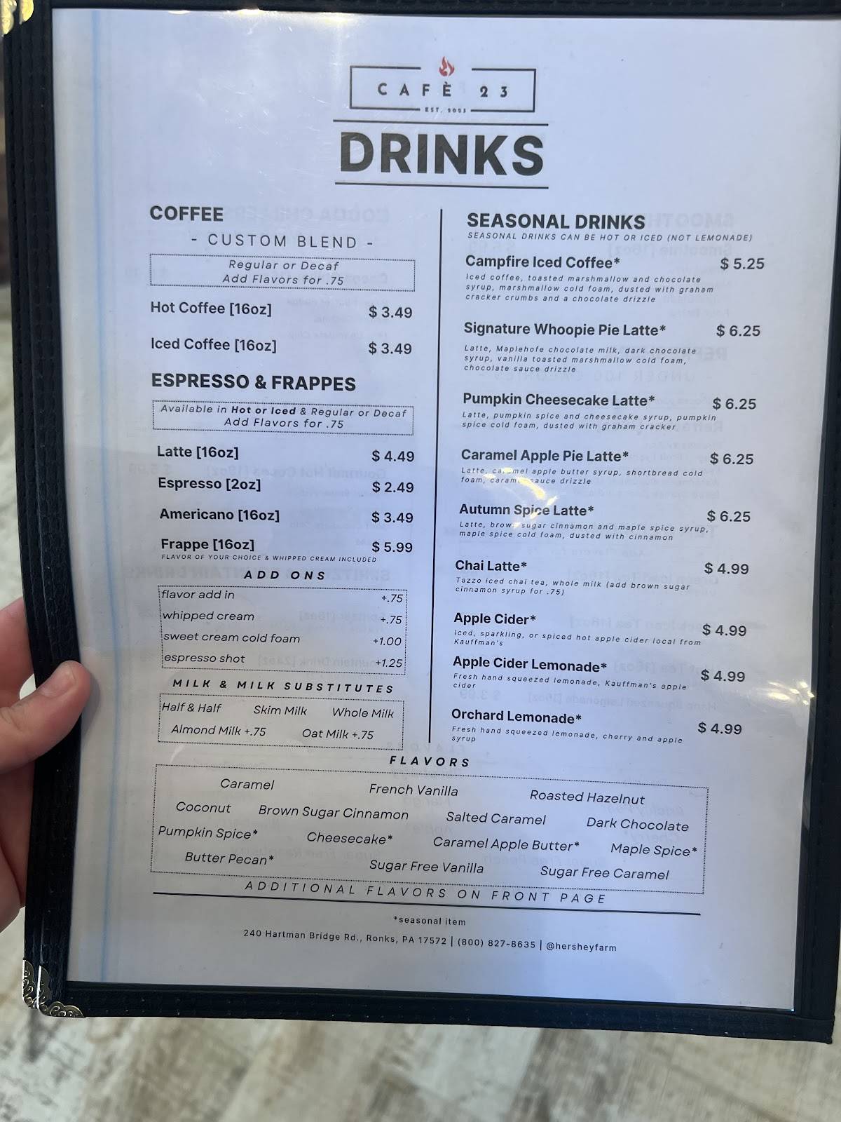 Carta de Hershey Farm Resort - Cafe 23, Strasburg