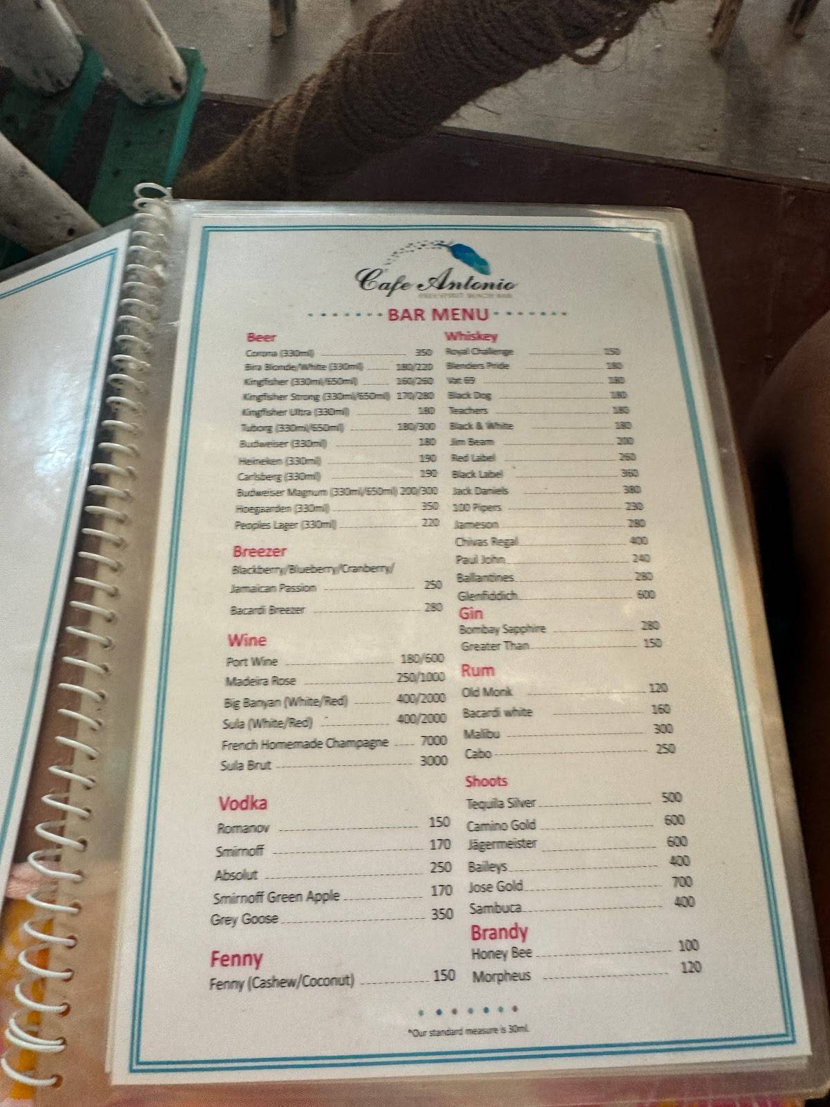 Menu at Cafe Antonio, Anjuna, near Beside Sea Bird Shack
