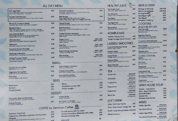 Menu at Art Kafe cafe, Ubud, Jl. Monkey Forest No.88