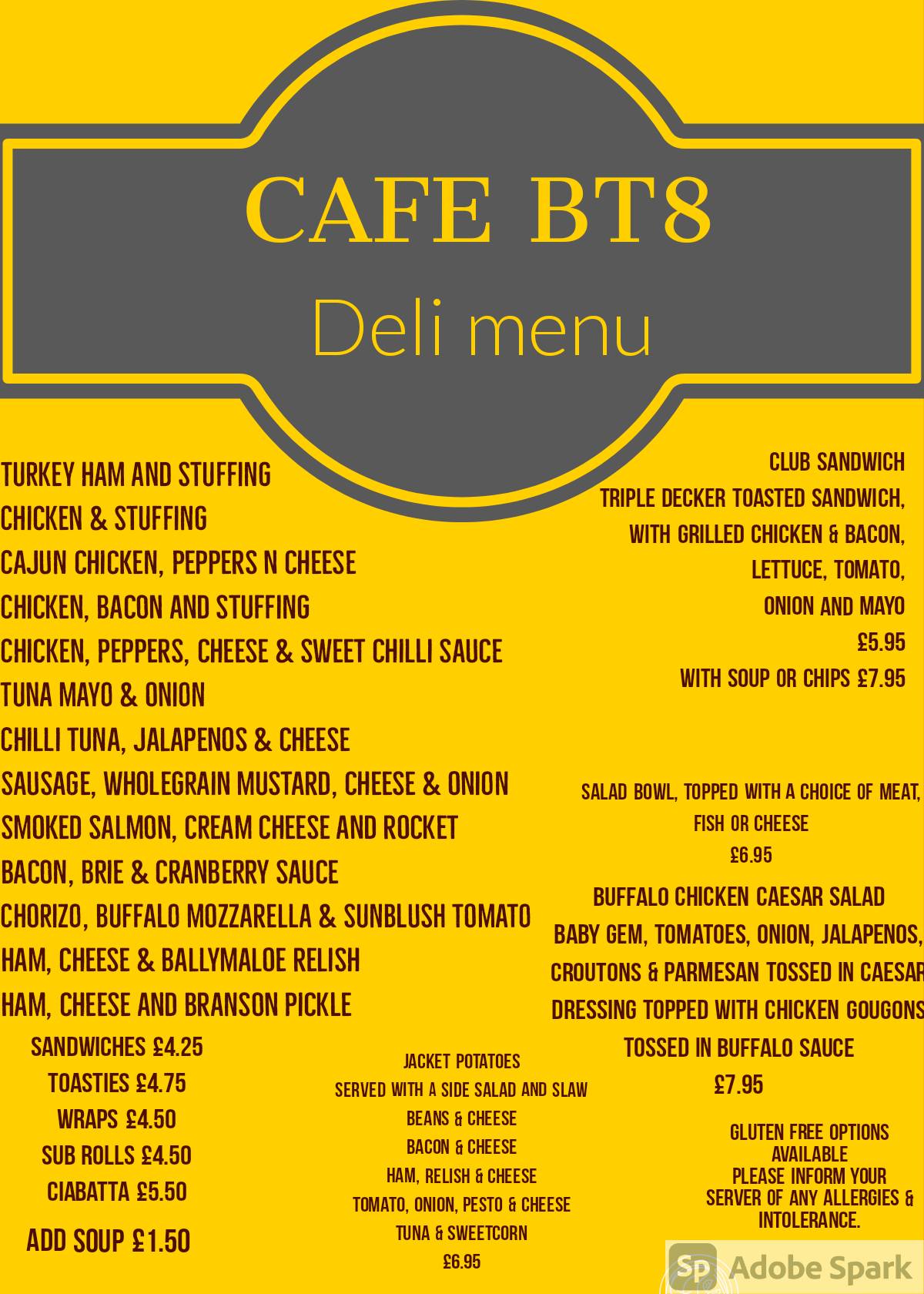Menu at Cafe BT8, Belfast